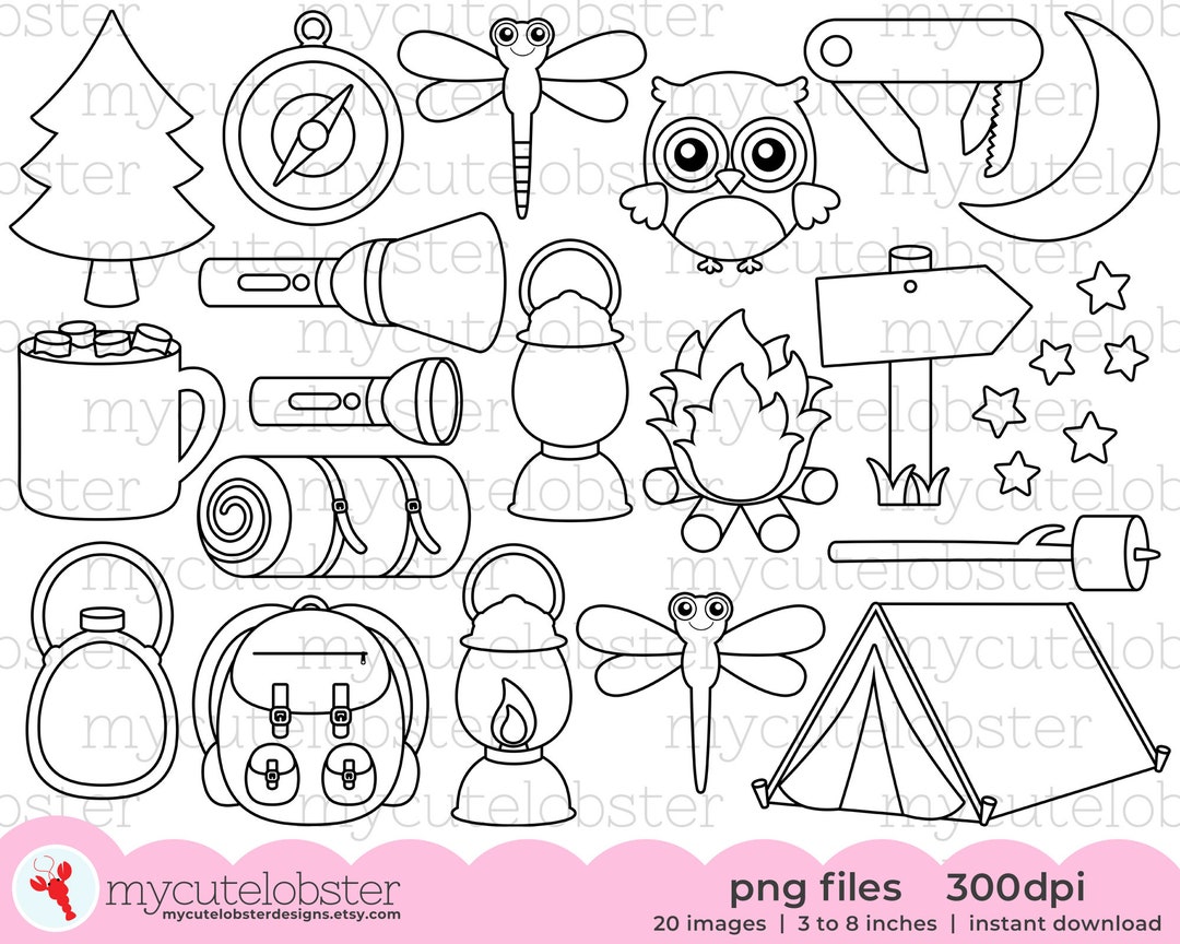 Camping Digital Stamps Camping Line Art, Outlines, Tent, Torch, Owl ...