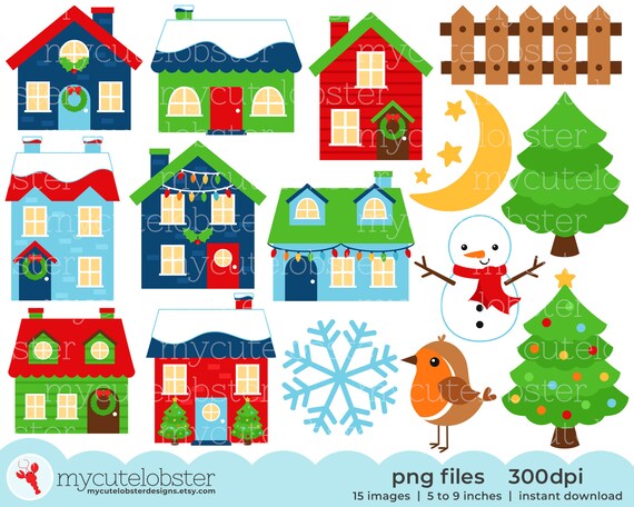 Christmas Houses Clipart Set of Winter Houses Holiday | Etsy