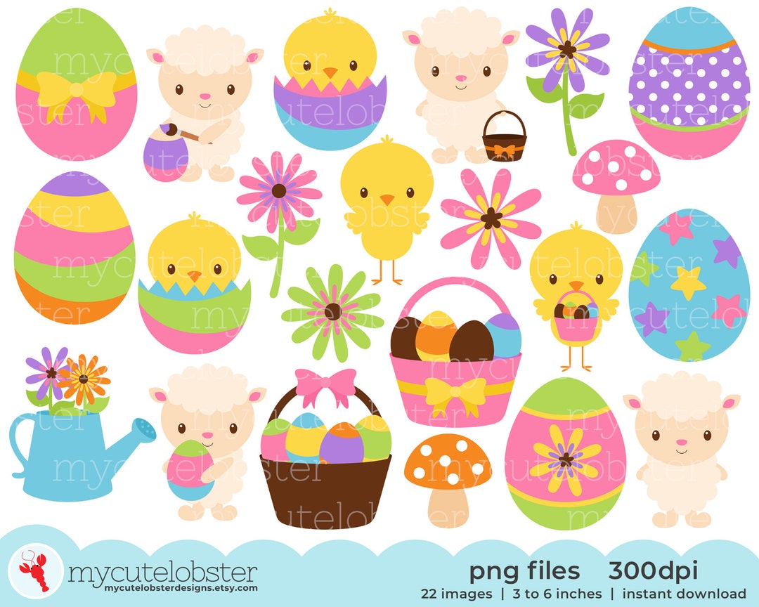 Easter Chicks & Lambs Clipart Set of Easter Eggs, Flowers, Mushrooms ...