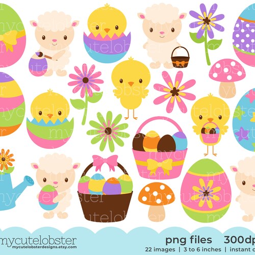 Easter Chicks & Lambs Clipart Set of Easter Eggs Flowers - Etsy