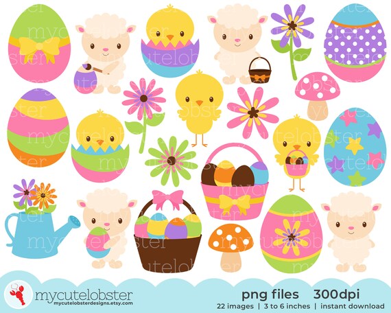 Easter Chicks & Lambs Clipart Set of Easter Eggs Flowers | Etsy