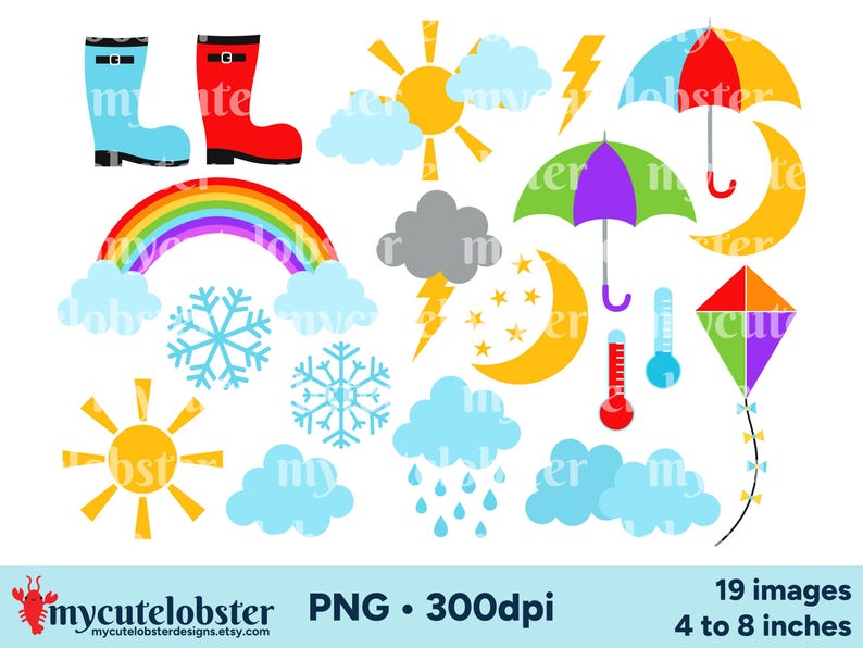 Weather Clipart - Rainbow Graphics, Sun Clip Art Set, PNG Digital ...