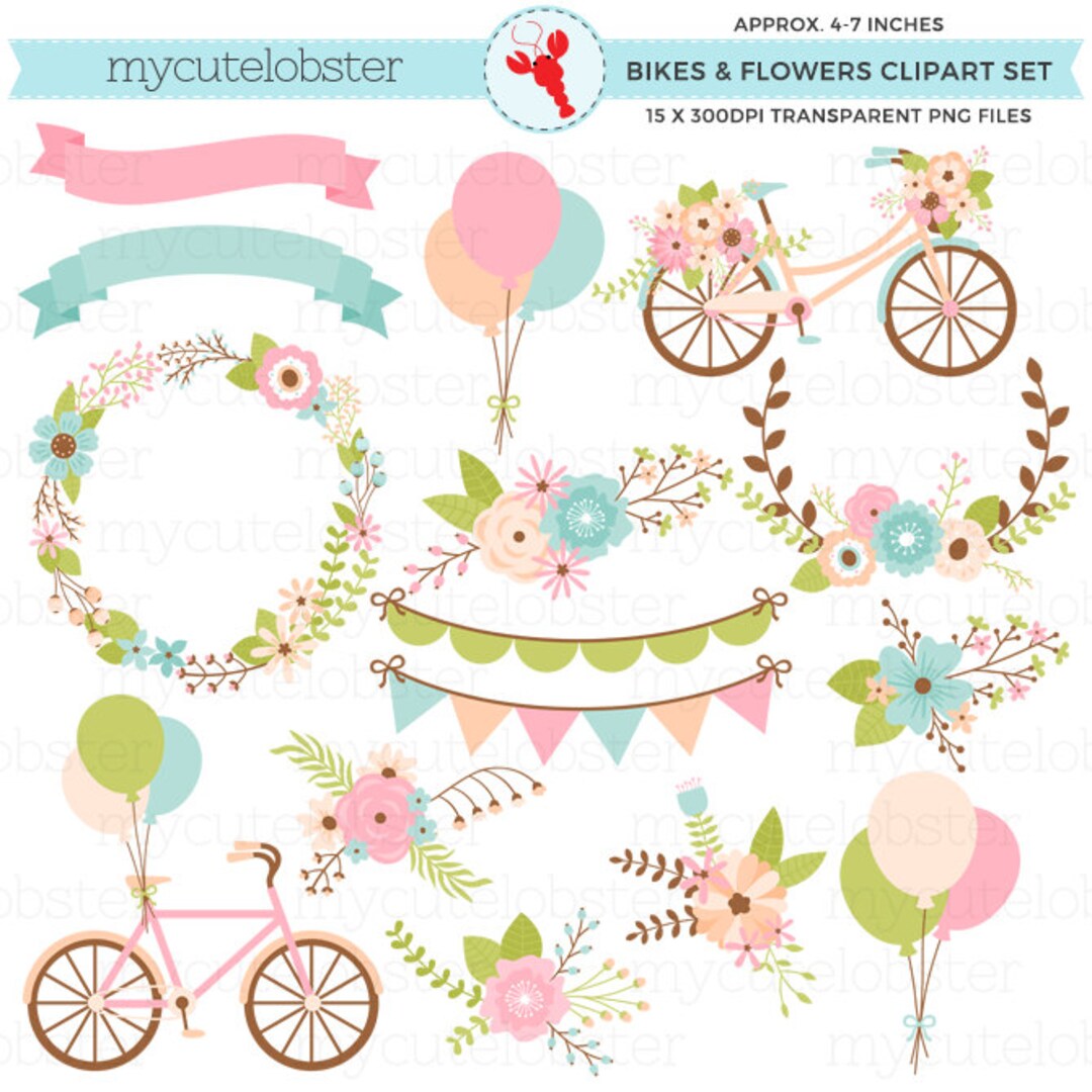 Bikes & Flowers Clipart Set Bicycles Clip Art Floral - Etsy UK