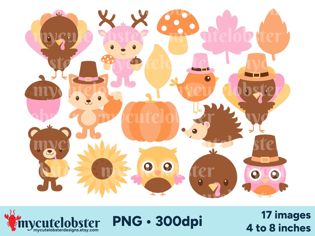 Thanksgiving Clipart - Set of Cute Thanksgiving Animals, Animals Clip ...