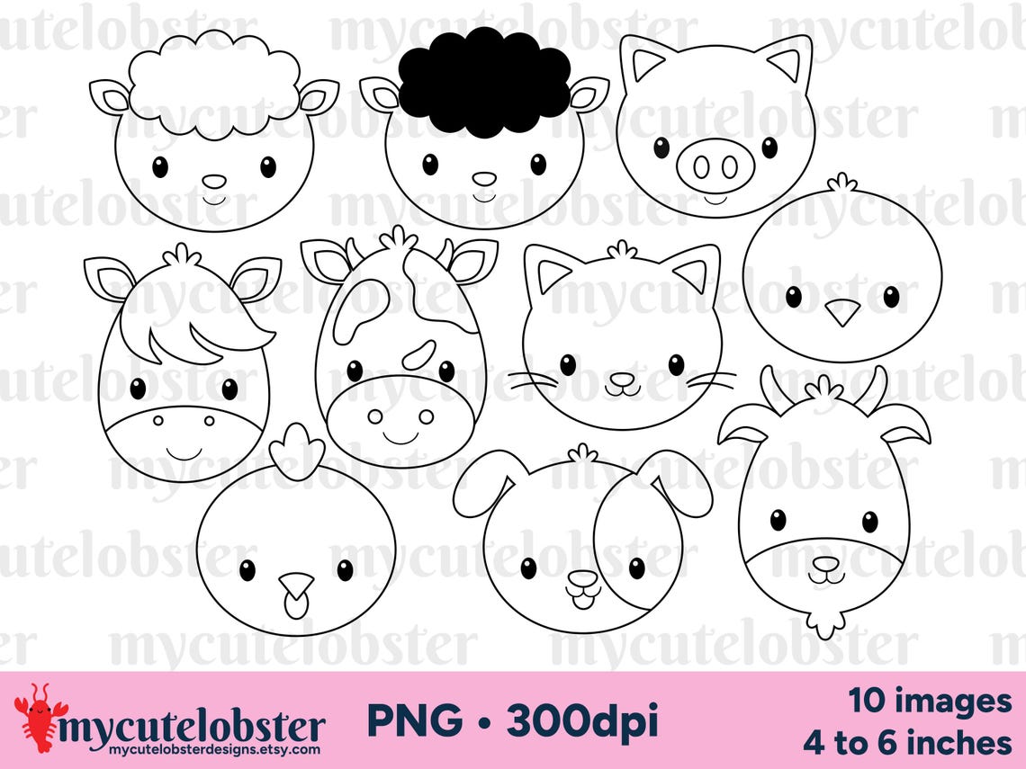 Farm Animals Digital Stamps - Farmyard Clipart Set, Animal Outlines ...