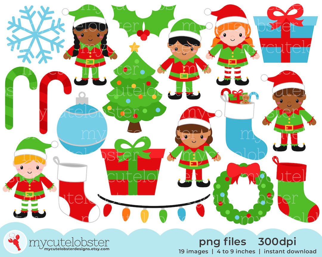Christmas Elves Clipart Set of Festive Elves, Christmas Elf, Wreath ...