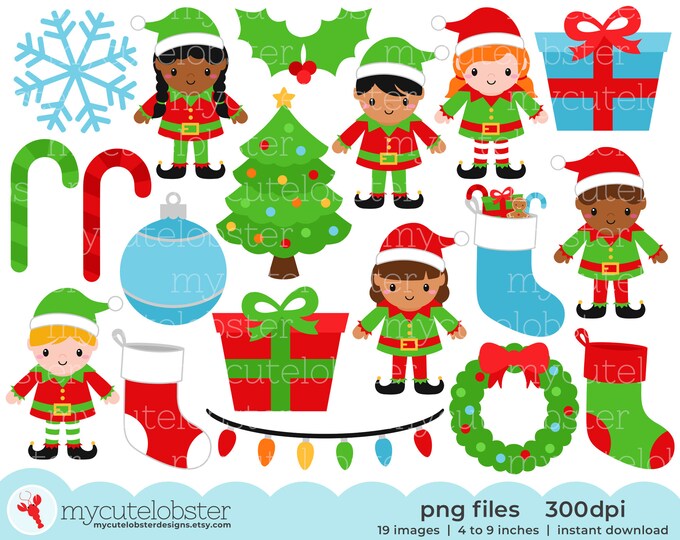 Christmas Elves Clipart. Cute Christmas Clipart Set With Elves and ...