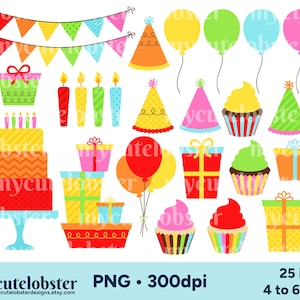 Rainbow Party Clipart - Birthday Clip Art, Party Graphics, PNG Digital ...