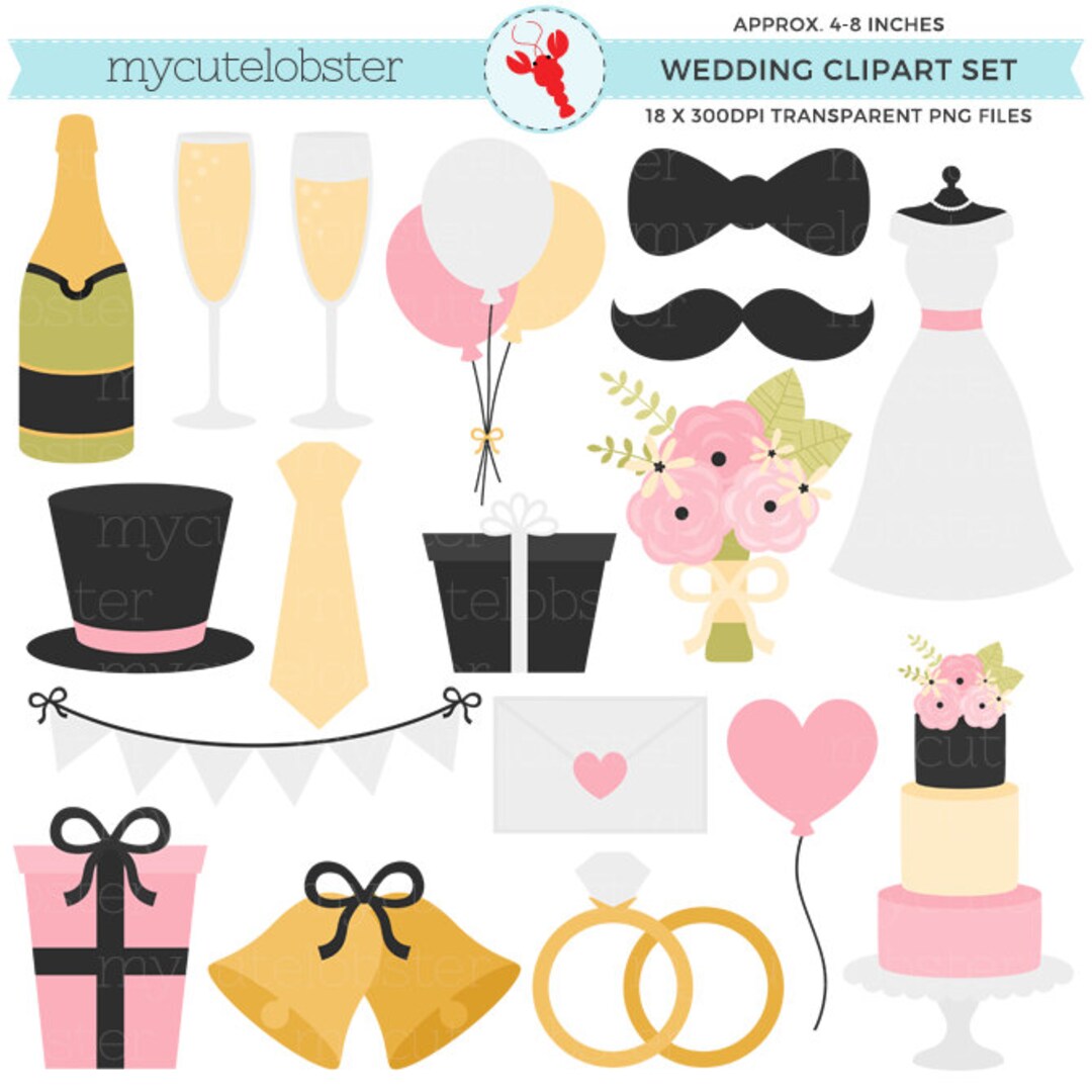 Wedding Clipart Set Wedding Dress, Champagne, Bouquet, Marriage Clip ...