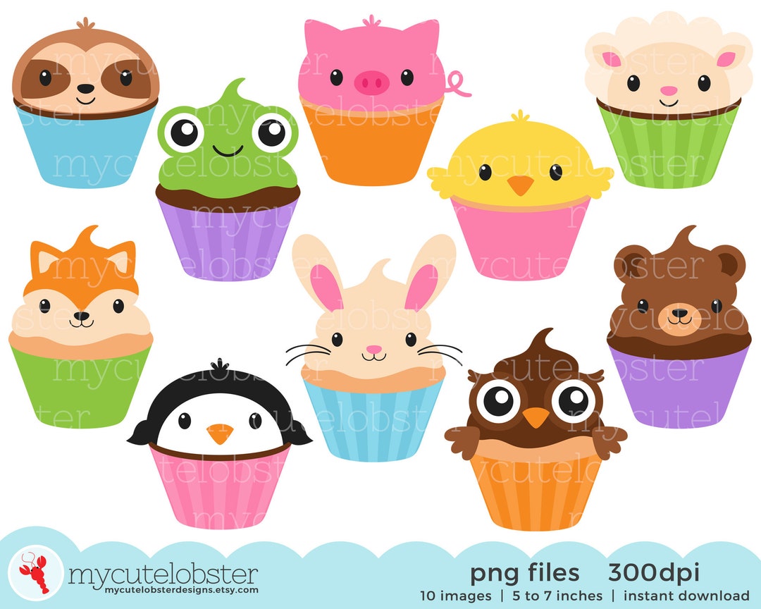 Animal Cupcakes Clipart Set of Cute Animal Cupcakes, Sloth, Frog, Bear ...