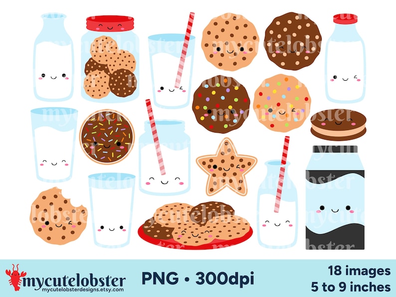 Cute Milk and Cookies Clipart - Set of Happy Milk Cartons, Cute Cookies ...