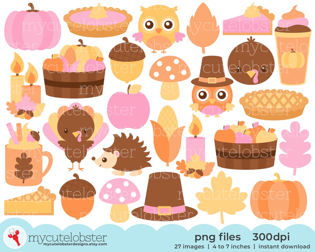 Pastel Happy Thanksgiving Clipart Fall Clip Art Set, Turkeys, Pumpkins ...