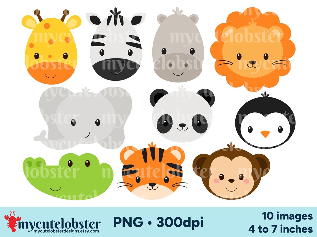 Safari Animals Faces - Animal Clip Art, Jungle Graphics, PNG Digital ...