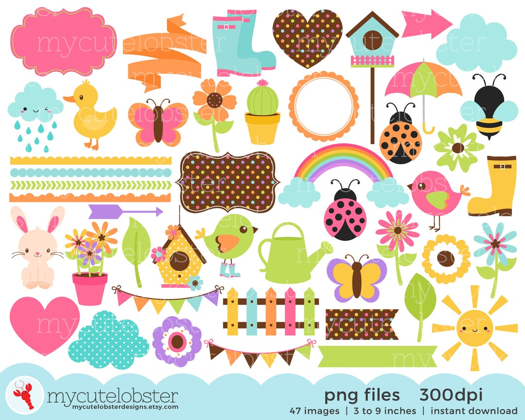 Spring Time Clipart Set - Digital Elements - Rainbow, Frames, Borders ...
