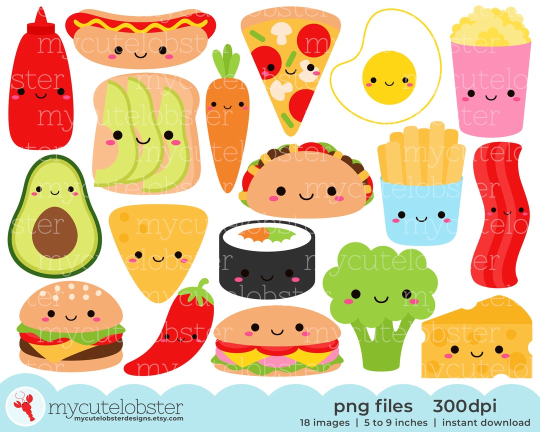 Cute Savory Food Collection Clipart Set of Happy Food, Avocado, Pizza ...