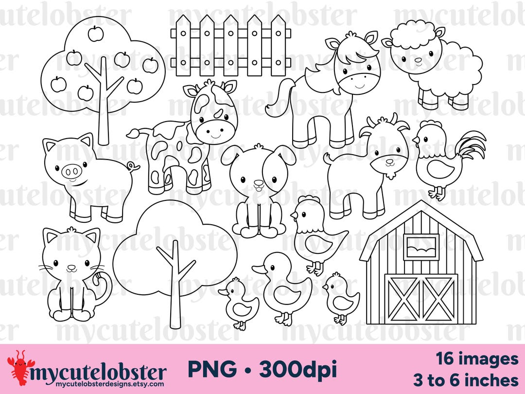 Farm Animals Digital Stamps - Cute Animals Outlines, Line Art, Farm ...