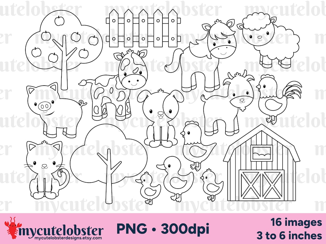 Farm Animals Digital Stamps - Cute Farm Outlines, Line Art, Animals ...