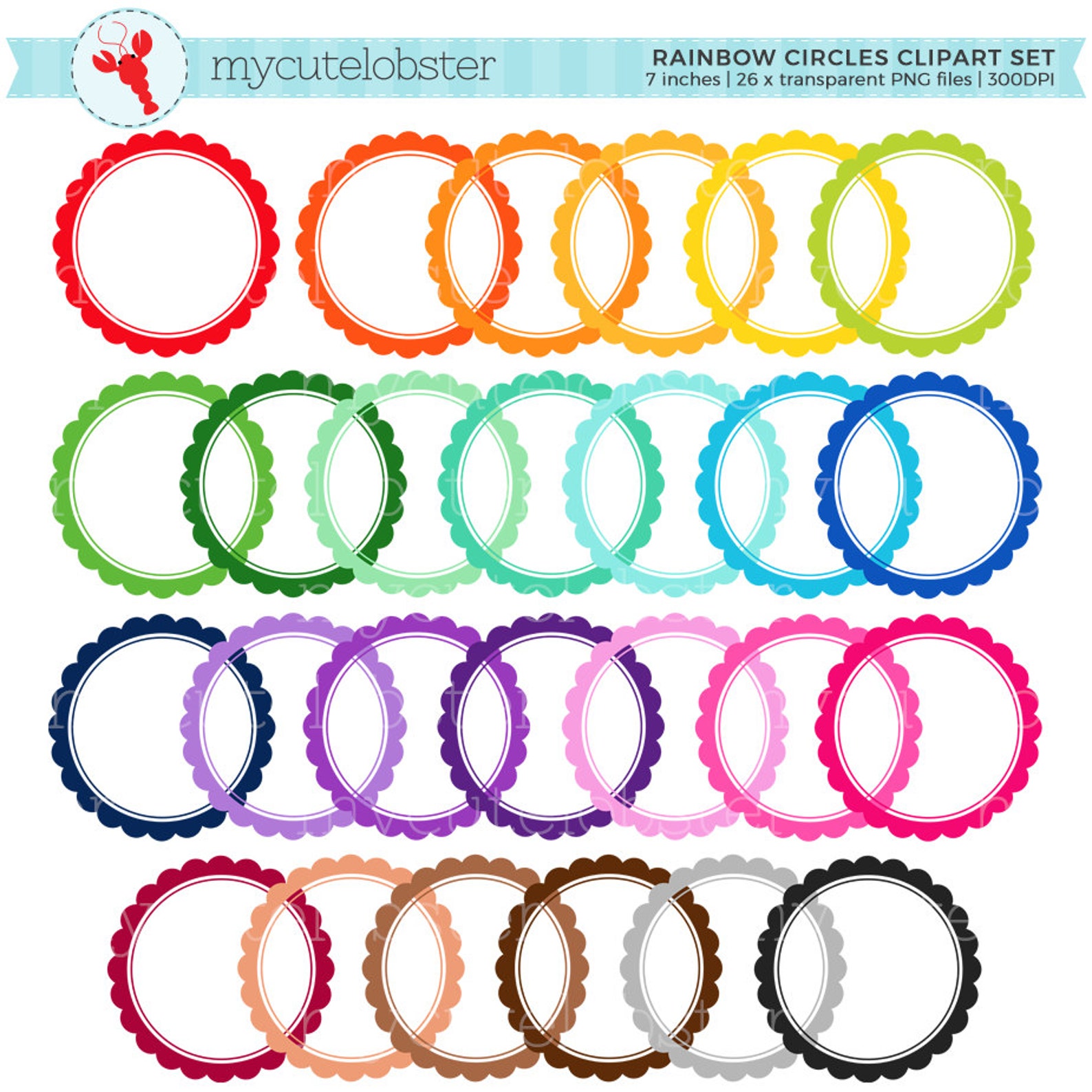 Rainbow Circle Frames Clipart Set scalloped circles labels | Etsy