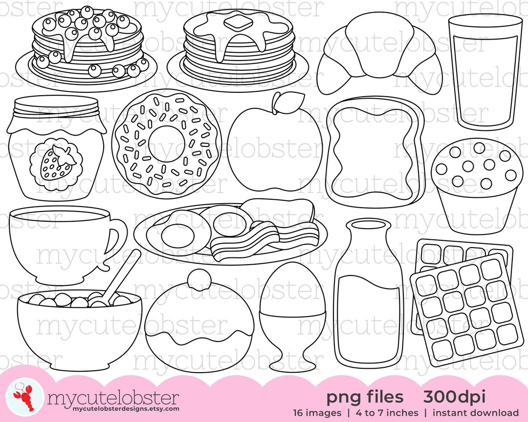 Breakfast Food Digital Stamps Food Outlines, Line Art, Breakfast ...