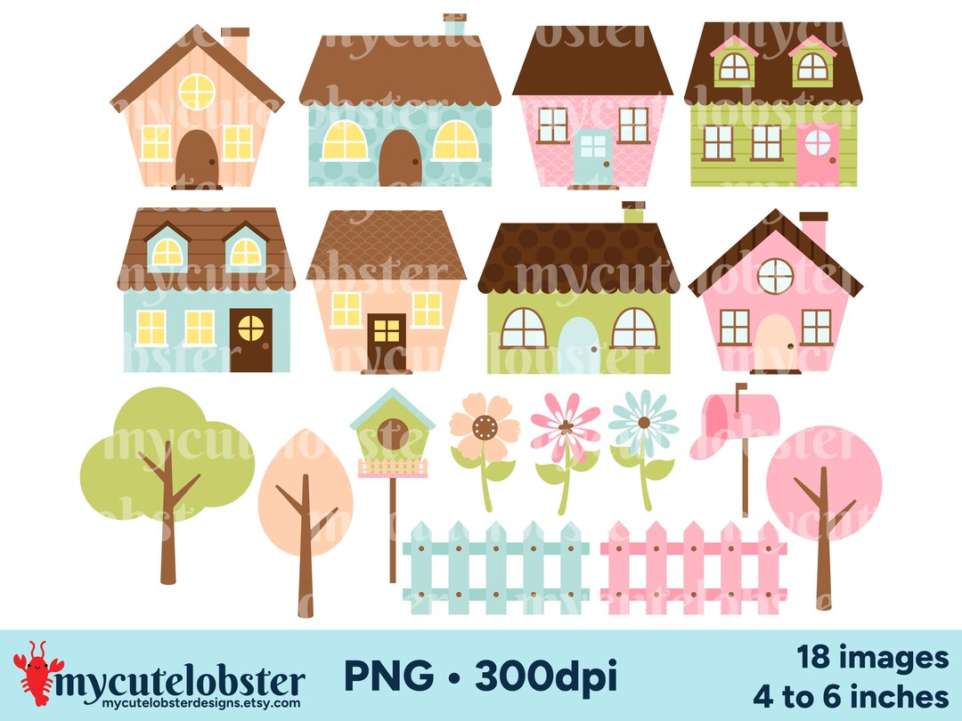 Pastel Houses Clipart, Cute Houses Clipart, Buildings Clipart, Houses ...