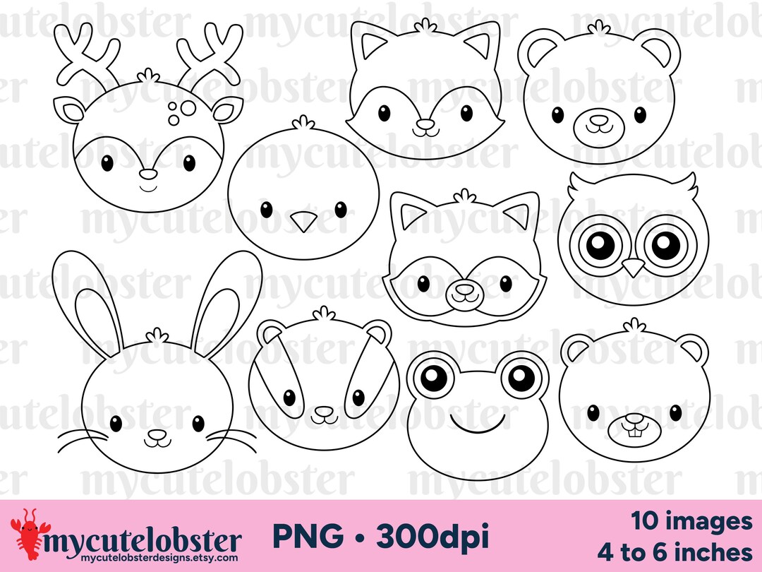 Woodland Animal Faces Digital Stamps - Cute Animal Outlines, Woodland ...