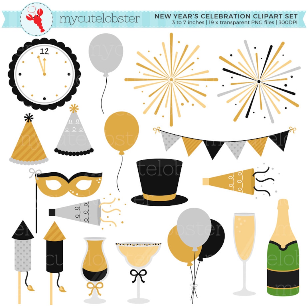 New Year's Celebration Clipart Set - Fireworks, Bunting, Party ...