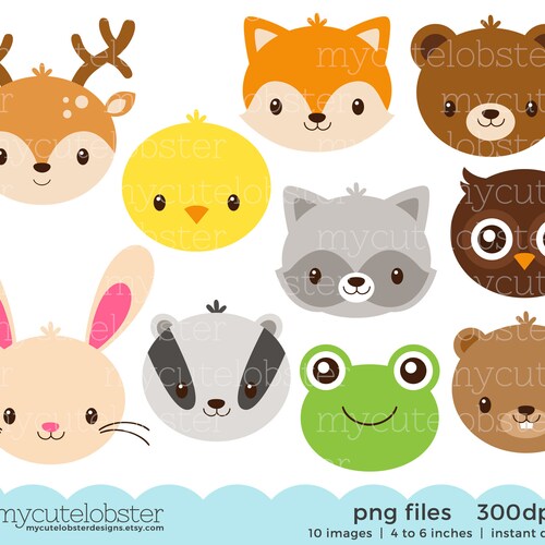 Woodland Animal Faces Clipart Set Cute Animals Rabbit - Etsy UK