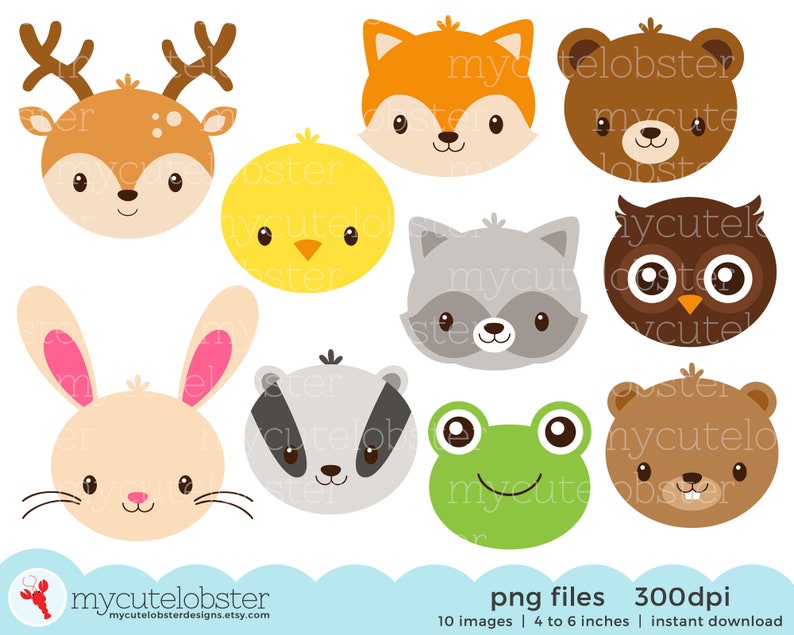 Woodland Animal Faces Clipart Set Cute Animals Rabbit | Etsy UK