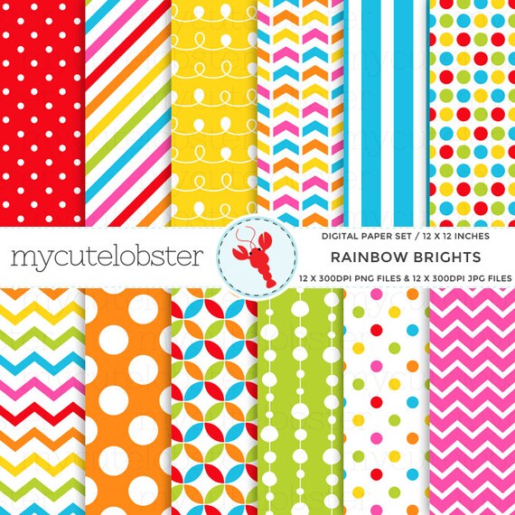 Rainbow Brights Digital Paper Set patterned paper pack | Etsy
