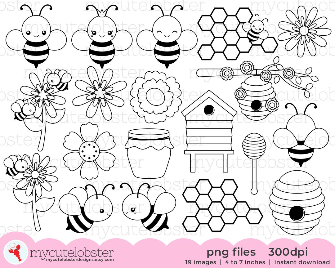 Bees Digital Stamps Cute Bees Outlines, Line Art, Beehive, Honeycomb ...