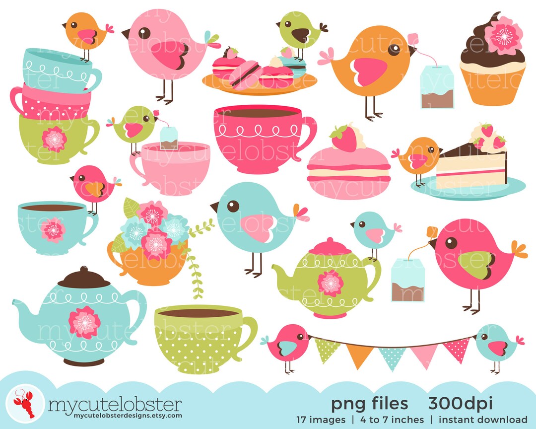 Bird Tea Party Clipart Set Clip Art Set of Birds, Teacups, Garden Party ...