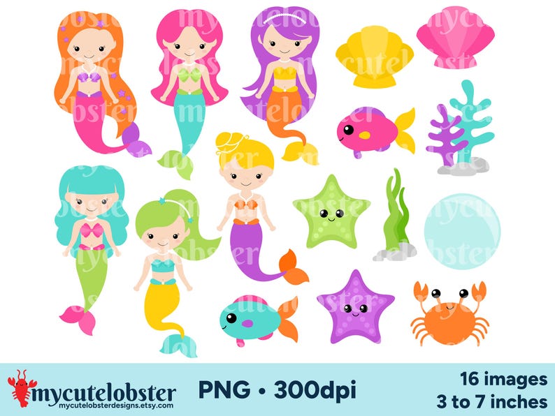 Mermaids Clipart - Set of Colorful Ocean Clip Art, Mermaid PNG Digital ...