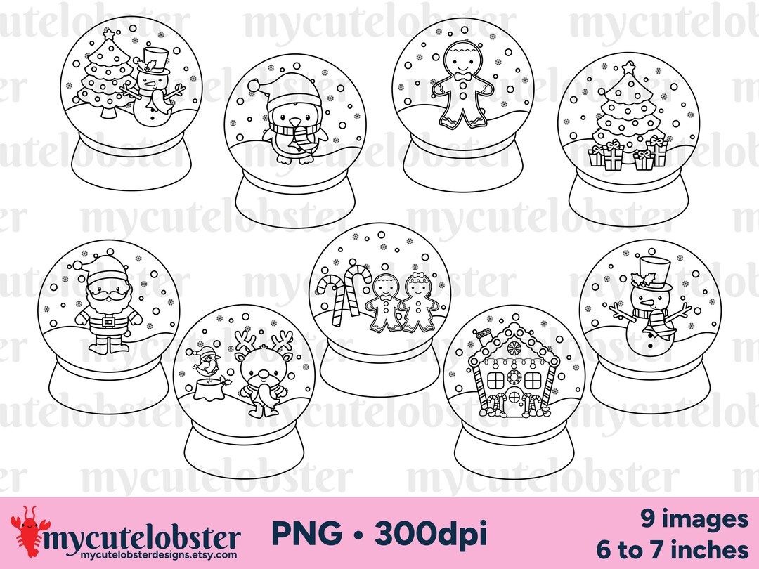 Christmas Snow Globes Digital Stamps - Christmas Line Art, Christmas ...