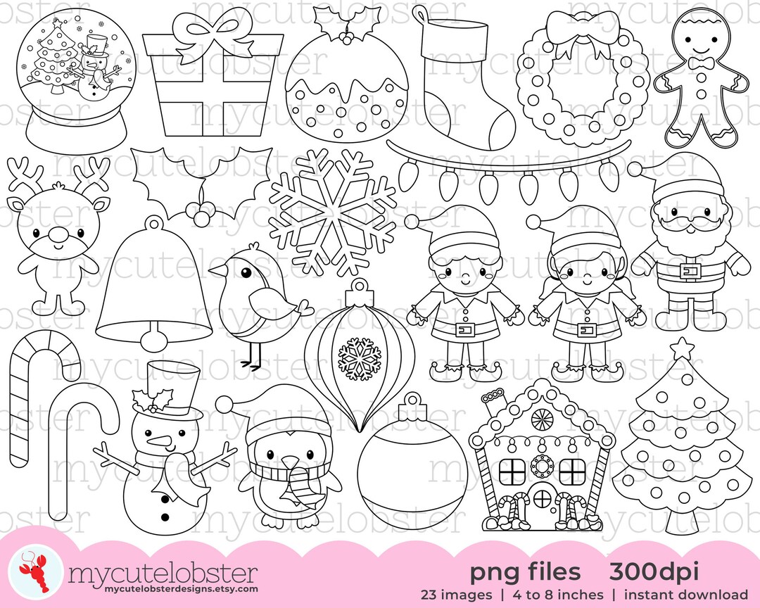 Christmas Digital Stamps Santa, Outlines, Wreath, Holly, Christmas Digi ...