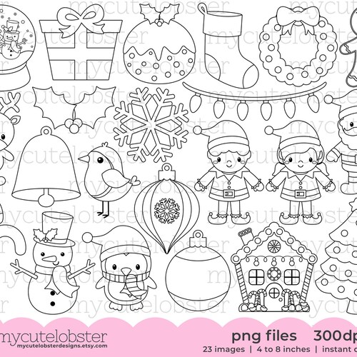 Christmas Digital Stamps Santa Outlines Wreath Holly - Etsy