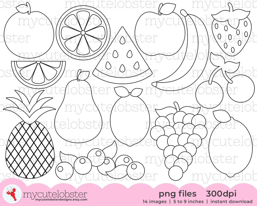 Fruit Digital Stamps Food Line Art, Outlines, Lemon, Pineapple, Fruit ...