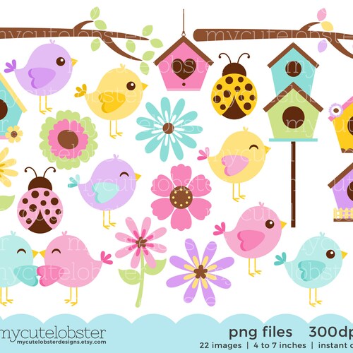 Spring Birds Clipart Set Clip Art Set of Birds Branches - Etsy
