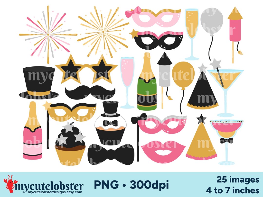 New Year's Clipart - Party, Celebration Clip Art Set, Fireworks, Hats ...