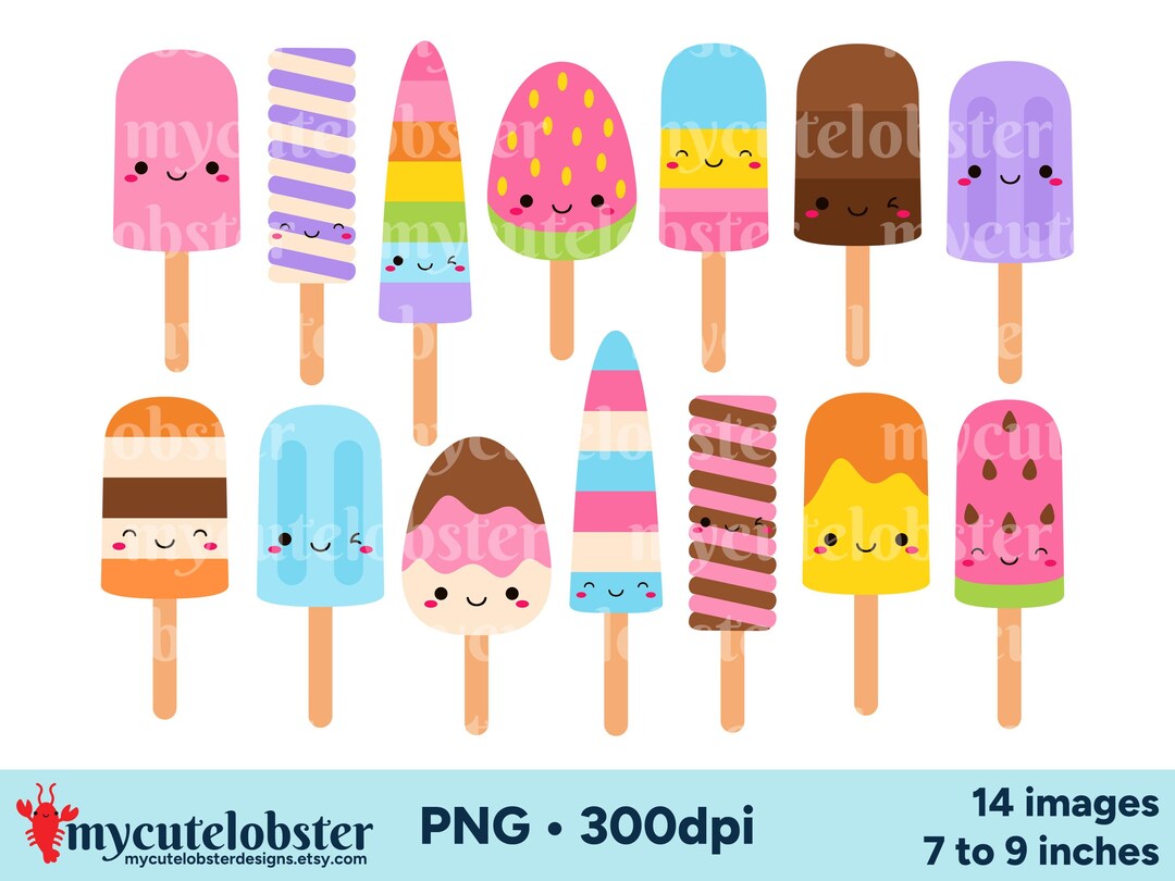 Cute Ice Lollies Clipart Set of Happy Ice Cream Lollies, Ice Lolly, Ice ...