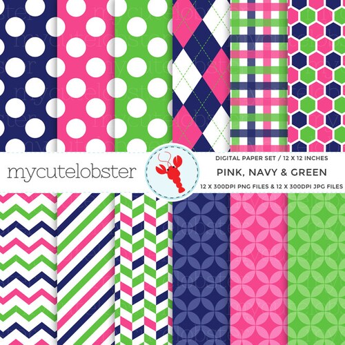 Pink & Navy Digital Paper Set Patterned Paper Polka - Etsy