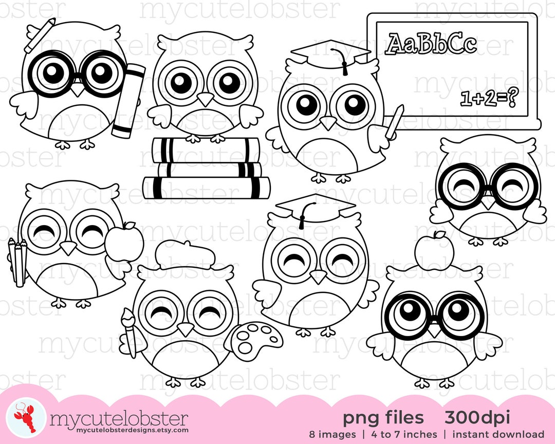 School Owls Digital Stamps Line Art, Cute Owls Outlines, School, Owls ...
