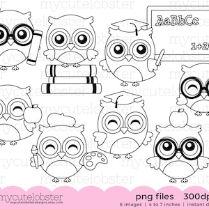 School Owls Digital Stamps Line Art, Cute Owls Outlines, School, Owls ...