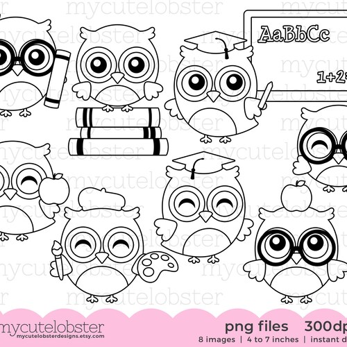 School Owls Digital Stamps Line Art Cute Owls Outlines - Etsy