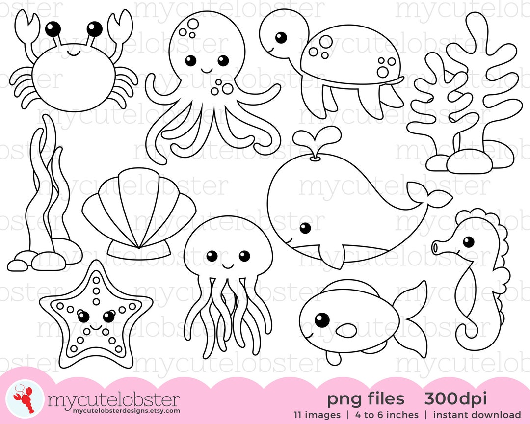 Sea Creatures Digital Stamps Outlines, Line Art, Cute Sea Animals Digi ...