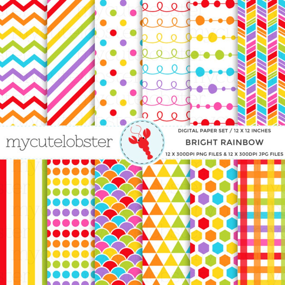 Bright Rainbow Digital Paper Set - Rainbow Patterned Paper, Polka ...