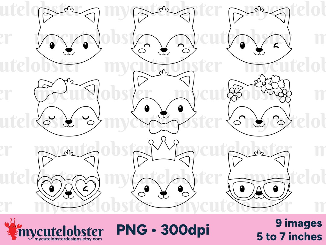 Fox Faces Digital Stamps - Cute Fox Outlines, Foxes Line Art, Cute Fox ...