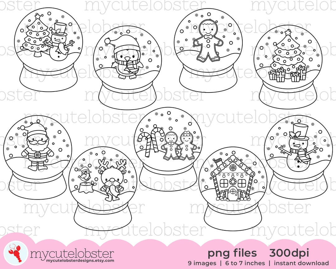 Christmas Snow Globes Digital Stamps Christmas Line Art, Christmas Digi ...