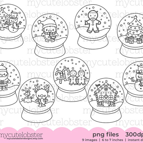 Christmas Snow Globes Digital Stamps Christmas Line Art - Etsy