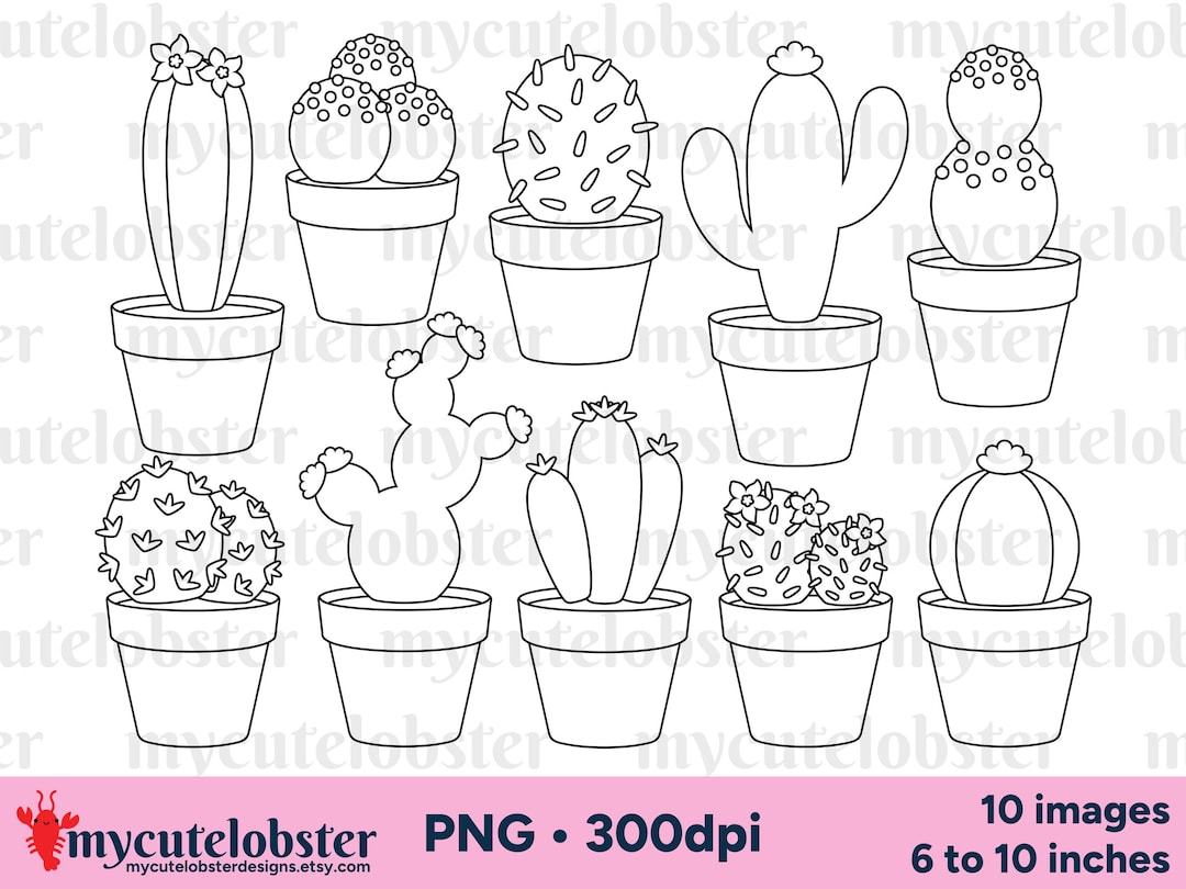 Cactus Digital Stamps - Cactus Line Art, Outlines, Digi Stamp Set ...