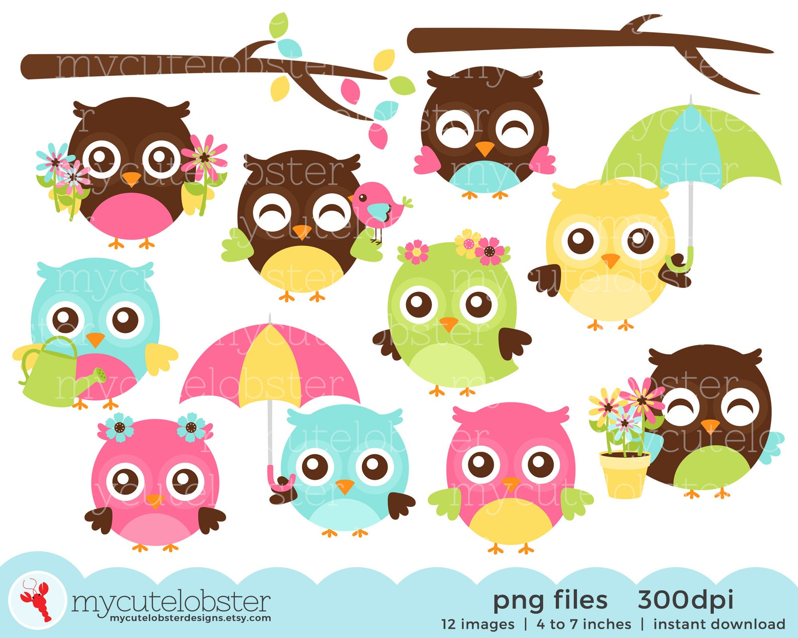 Spring Owls Clipart Set Cute Owls Umbrella Flowers - Etsy
